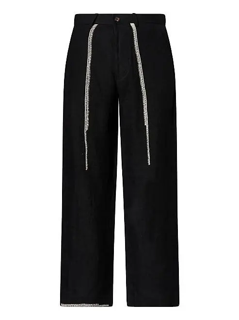 KARTIK RESEARCH Contrast Embroidered Wide-leg Linen Trousers - Black