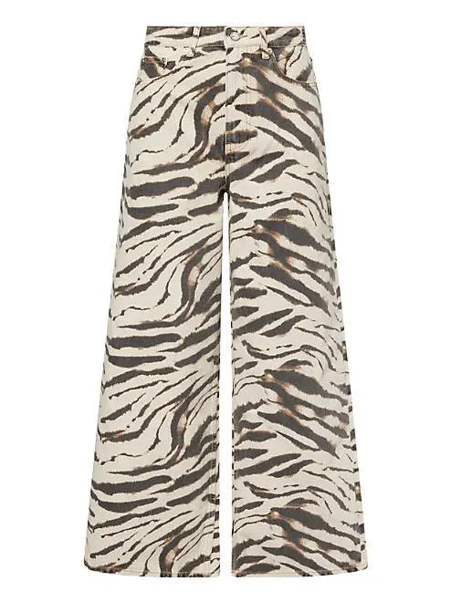 GANNI Zebra-print Wide-leg Cotton Denim Jeans - Egret