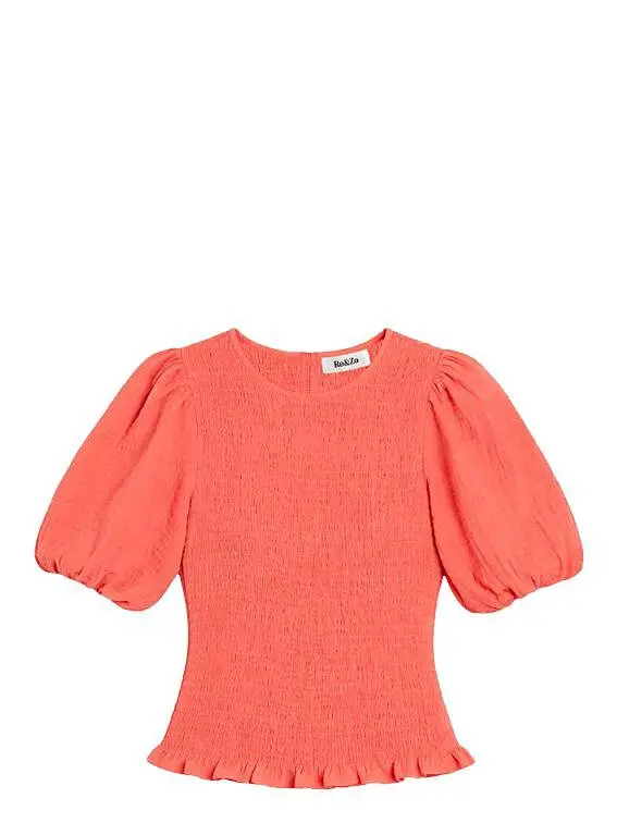 RO&ZO Cheesecloth Puff-sleeve Shirred Cotton Top - Coral