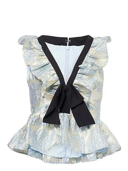 SISTER JANE Metallic Floral Jacquard Bow Peplum Top - Blizzard Blue