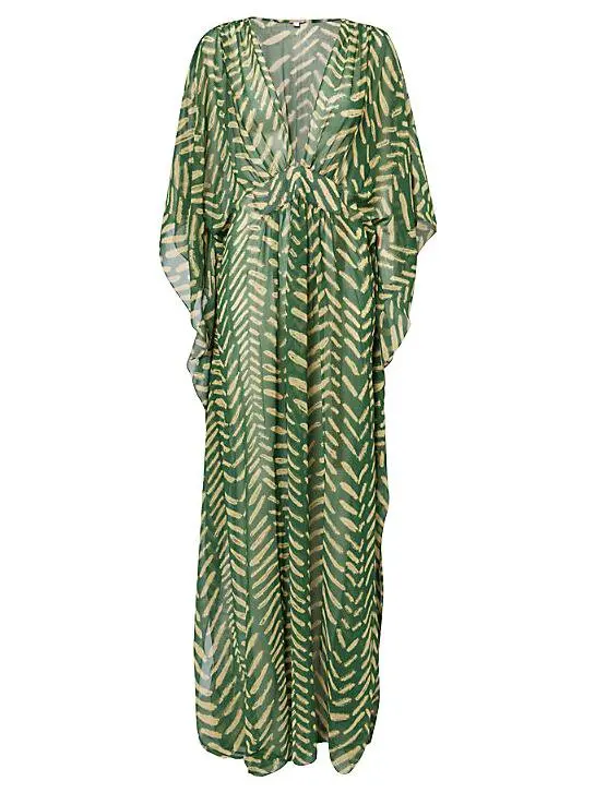 Johanna Ortiz Secret Garden V-neck Woven Maxi Dress - Military Green / Lime
