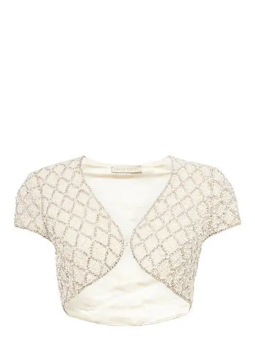 GRACE FAENA Embellished Cropped Satin Jacket - Chalk