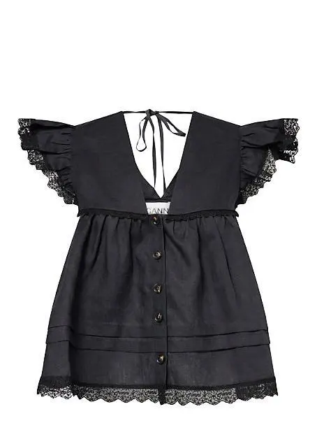 GANNI Angel Sleeve Lace Trim Linen Top - Black