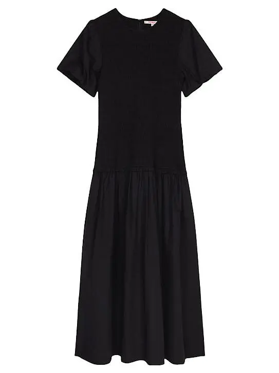 OMNES Aria Shirred Bodice Cotton Midi Dress - Black