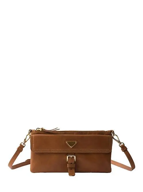 Prada Logo Plaque Leather Shoulder Bag - Brown
