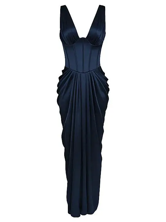 House Of Cb Angeline Corset Satin Maxi Dress - Navy
