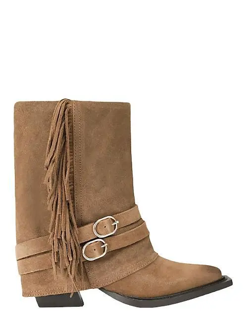 Steve Madden Suede Western Boots With Fringe And Buckle Detailing - Dark Brown