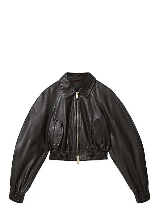 ALLSAINTS Cropped Leather Bomber Jacket - Bitter Brown
