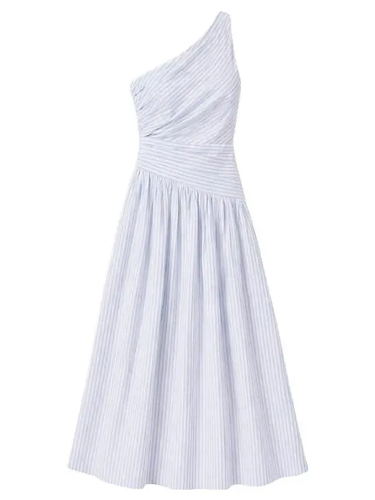 RO&ZO One-shoulder Striped Cotton Midi Dress - Blue
