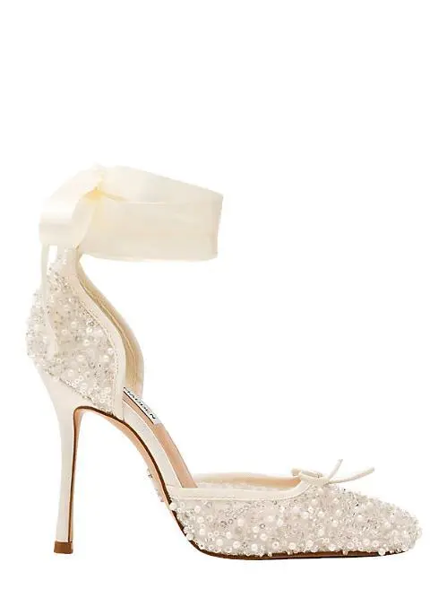 Steve Madden Larina Sequin Embellished Satin Heels With Ankle Tie - White