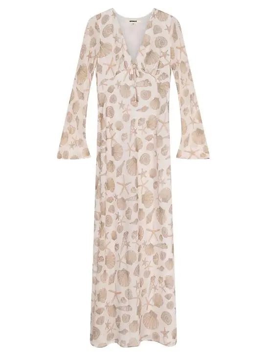 OMNES Fluted Sleeve V-neck Maxi Dress - Beige Shell Print