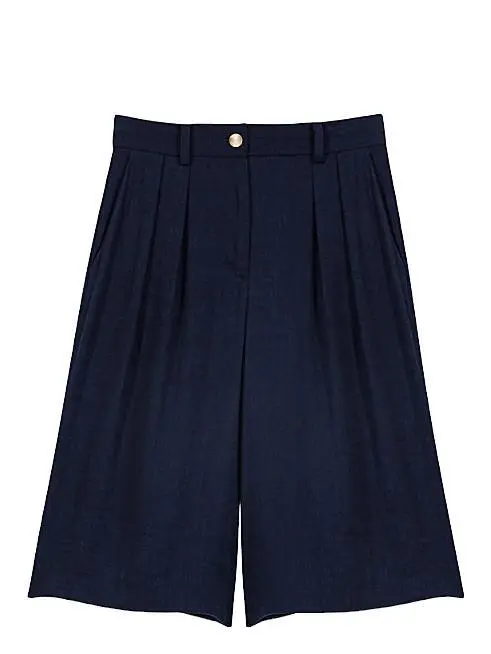 Maje Wide High-rise Linen-blend Bermuda Shorts - Navy