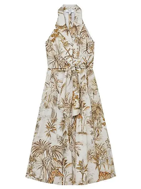 REISS Carla Palm-print Linen Halterneck Midi Dress - Neutral