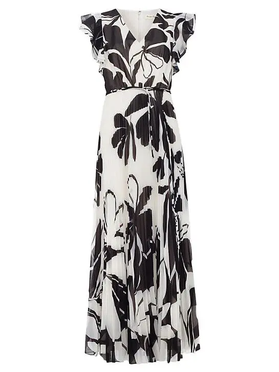 PHASE EIGHT Floral Print Maxi Dress With Ruffled Sleeves And Pleated Skirt - Black Multi