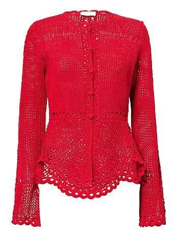 Erdem Peplum Crochet Cotton Cardigan - Ruby Red