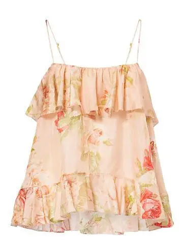 Zimmermann Roselight Frill Cami Silk Top - Pink Rose Floral