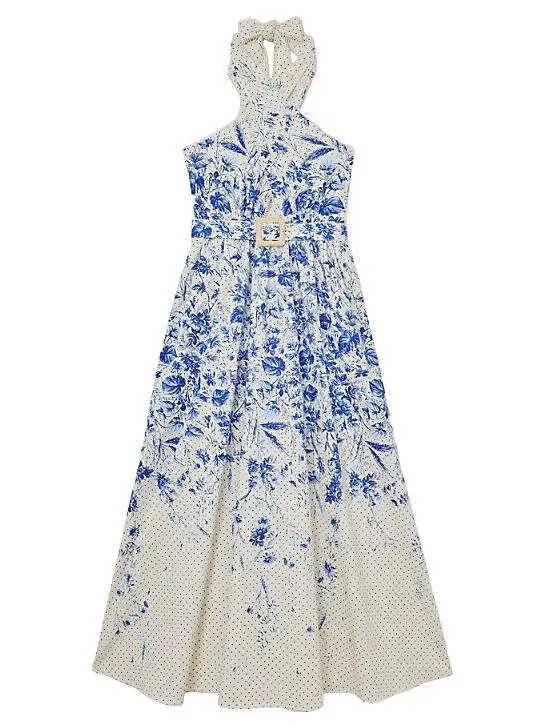 REISS Amaya Floral-print Stretch-cotton Maxi Dress - Ivory Blue
