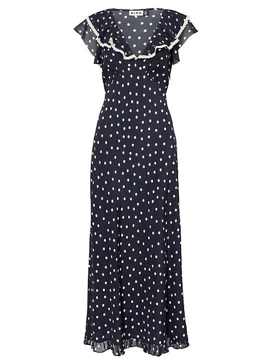 Rixo Polka Dot V-neck Midi Dress - Layla Dot Navy