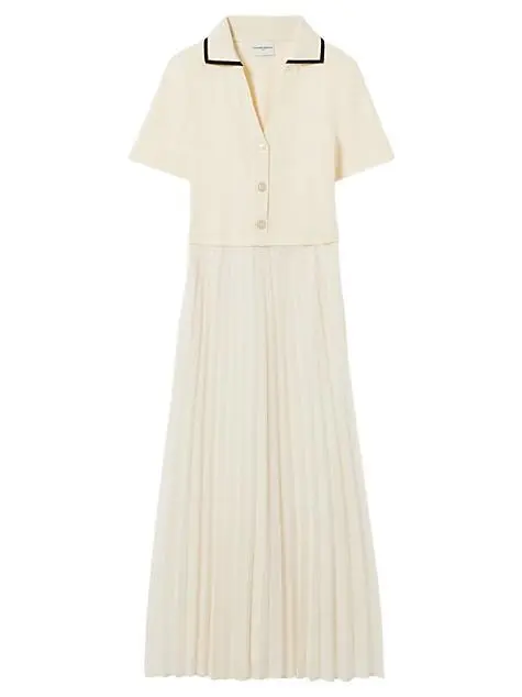 Claudie Pierlot Midi Dress With Pleated Skirt And Contrast Trim - Vanilla