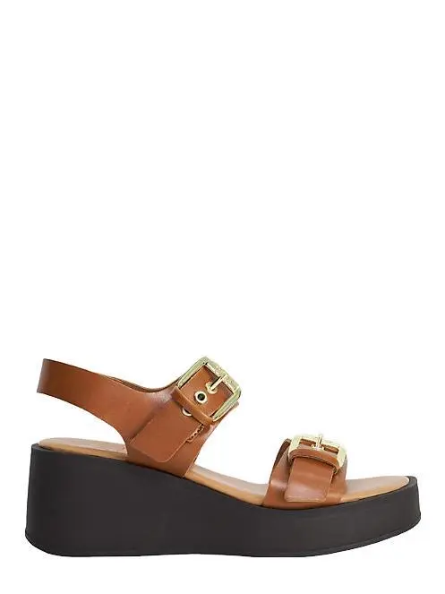 DUNE Karola Leather Wedge Sandals With Buckle Detail - Dark Tan Leather