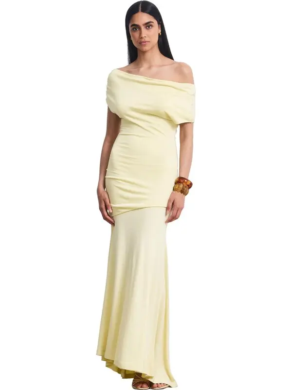 NINETY PERCENT Lulu Asymmetrical Off-shoulder Maxi Dress With Ruching - Lemon
