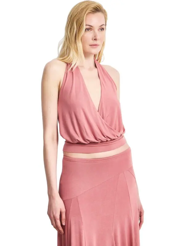 NINETY PERCENT Lenny Wrap Front Halter Top In Micromodal - Melon