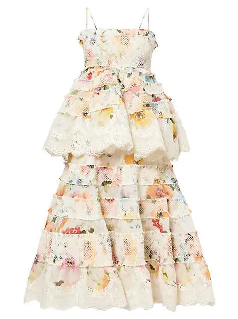 Zimmermann Alchemy Tiered Linen-and-silk Midi Dress - White Poppy