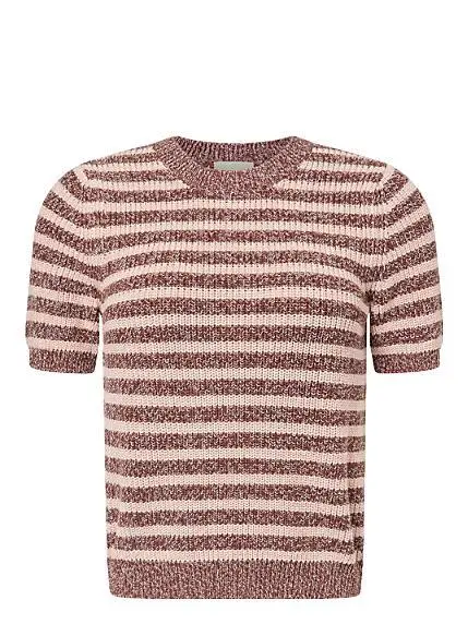 ME+EM Short Sleeve Striped Cotton Knit Top - Cinnamon Brown Multi