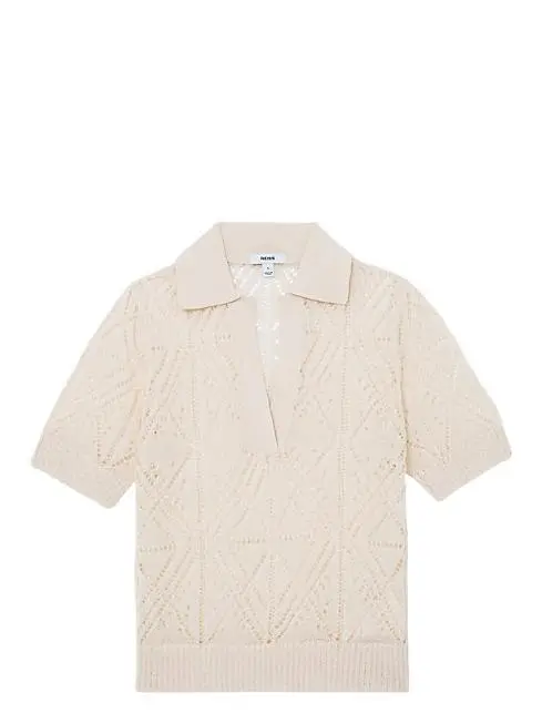 REISS Finty Open-collar Knitted Top - Cream