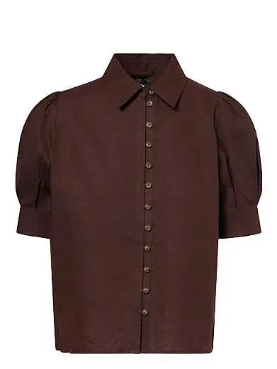 ME+EM Crease-less Pouf-sleeve Linen-blend Top - Cocoa Brown