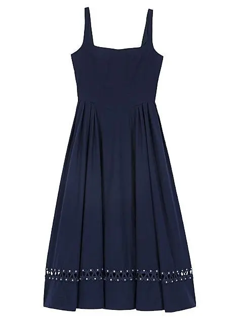 Maje Flared Square-neck Stretch-cotton Midi Dress - Navy