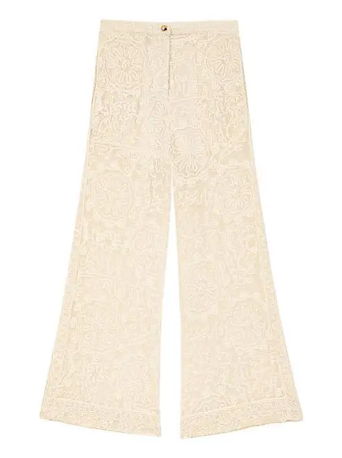Maje Flared Floral Guipure Cotton Trousers - Ecru