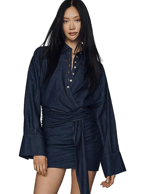 7 For All Mankind Cotton Collared Ruched Mini Dress - Cotton Abyss