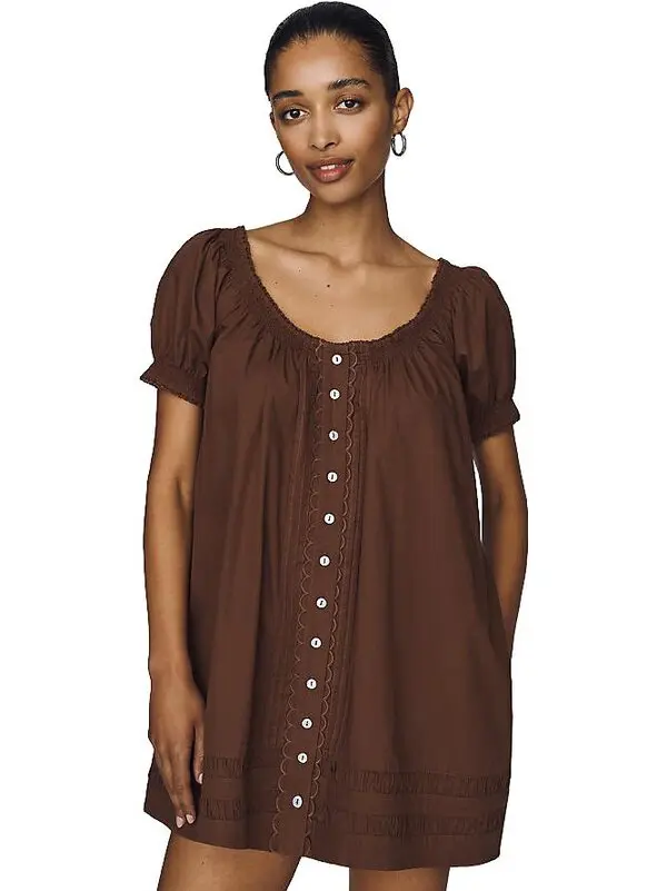 DAMSON MADDER Cotton Mini Dress With Puff Sleeves - Chocolate