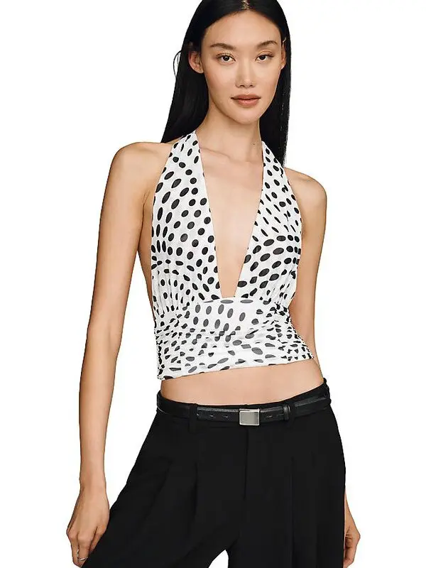 AFRM Printed Plunge Halter Top - Noir Swirl Dot