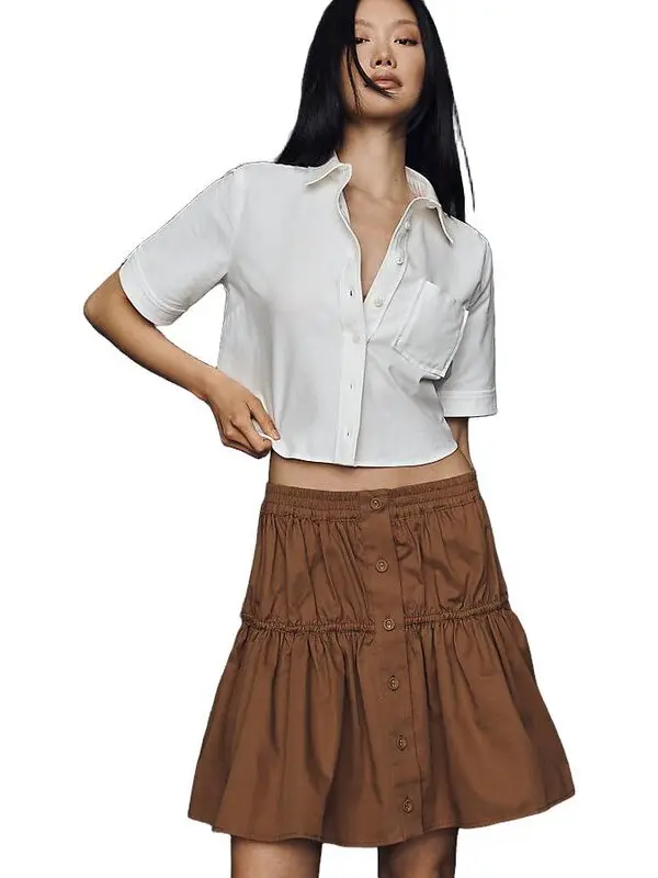 Maeve Buttonfront Tiered Cotton Blend Skirt - Tan