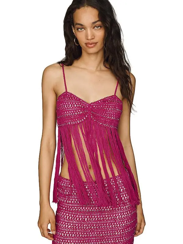 For Love & Lemons Lulu Cotton Fringe Crochet Top - Magenta