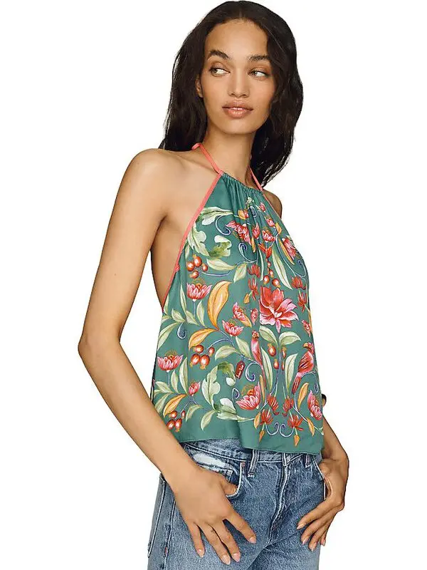 Farm Rio Halter Top With Botanical Print And Open Back - Green Floral