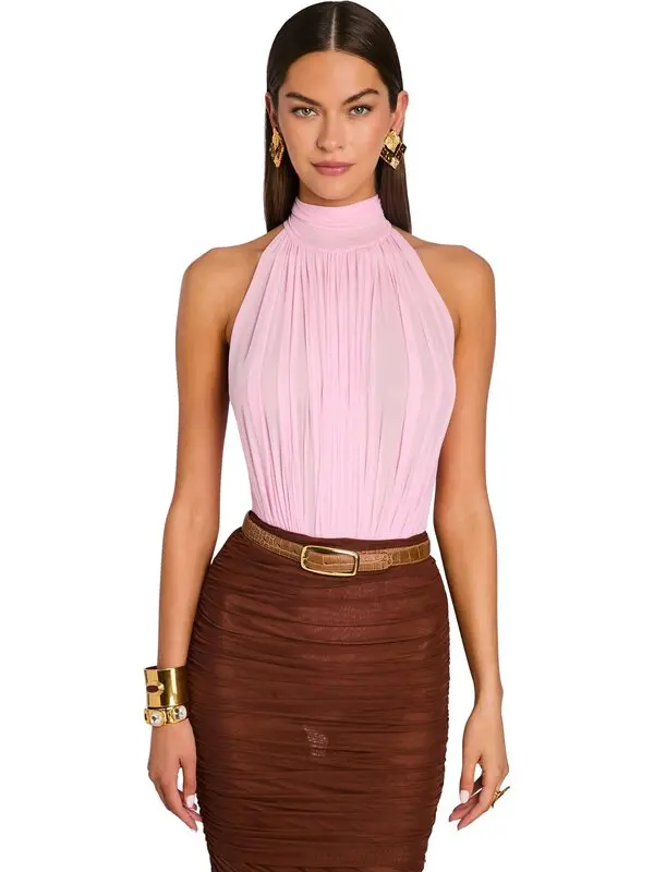 SEROYA Isola Sheer Pleated High Neck Bodysuit - Dusty Pink