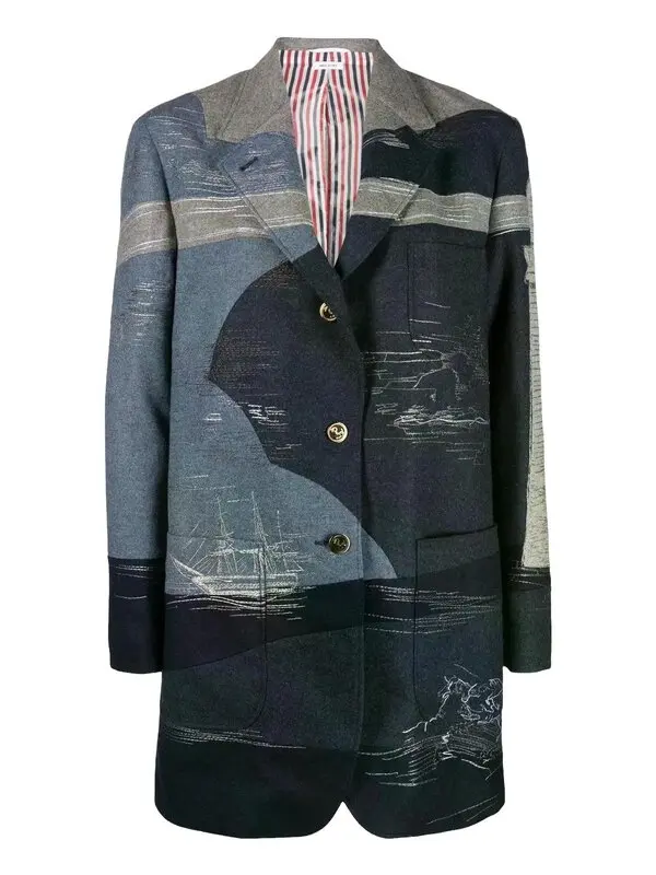 Thom Browne Motif-embroidered Colour-block Blazer - Blue