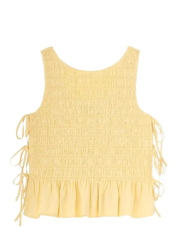 GANNI Smocked Cotton Top With Tie Detail - Italian Straw