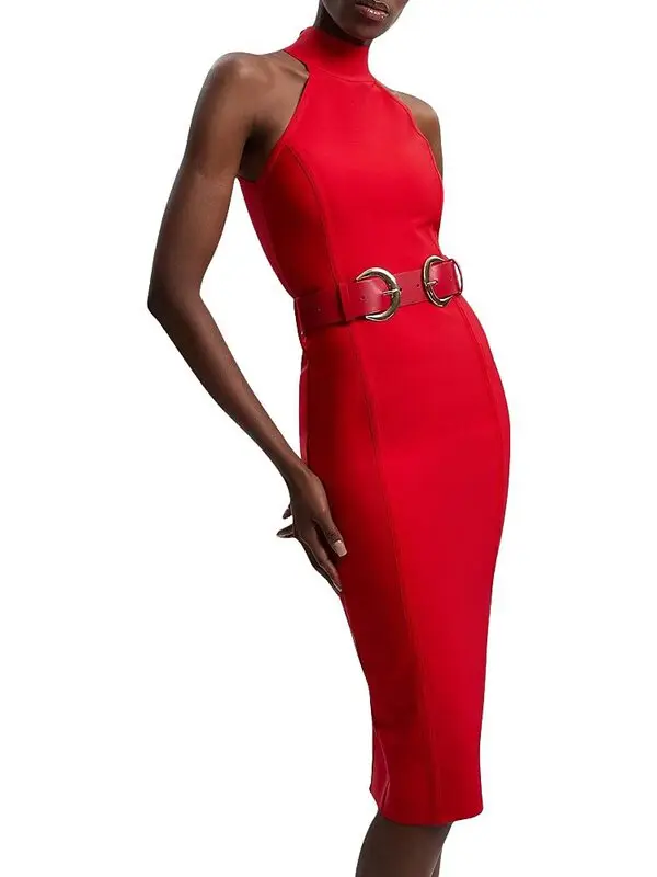 Karen Millen High Neck Buckle Trim Midi Dress - Red