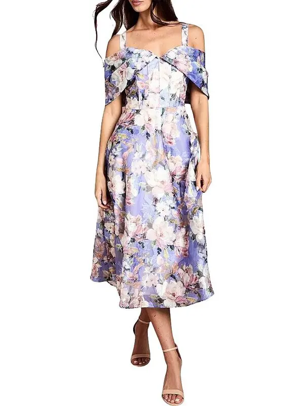 Coast Corseted Bardot Jacquard Midi Dress - Purple