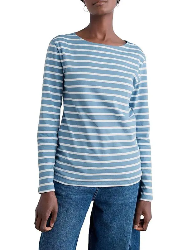 SEASALT CORNWALL Sailor Boat Neck Long Sleeve T-shirt - Breton Horizon Chalk
