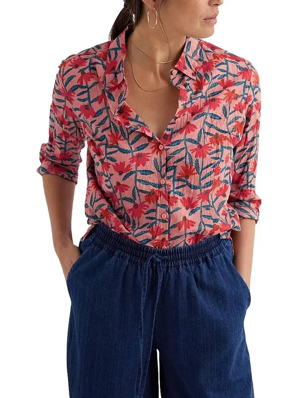 SEASALT CORNWALL Larissa Crinkled Cotton 3/4 Sleeve Shirt - Echinacea Stems Rosehip
