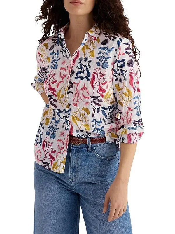 SEASALT CORNWALL Larissa Crinkled Cotton 3/4 Sleeve Shirt - Inky Botanical Chalk
