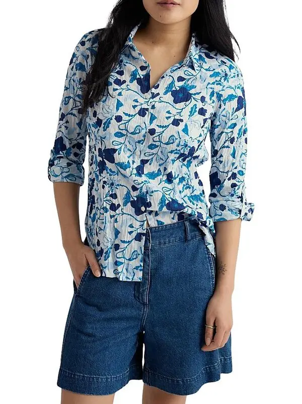 SEASALT CORNWALL Larissa Crinkled Cotton 3/4 Sleeve Shirt - Winding Meadow Blue Fog