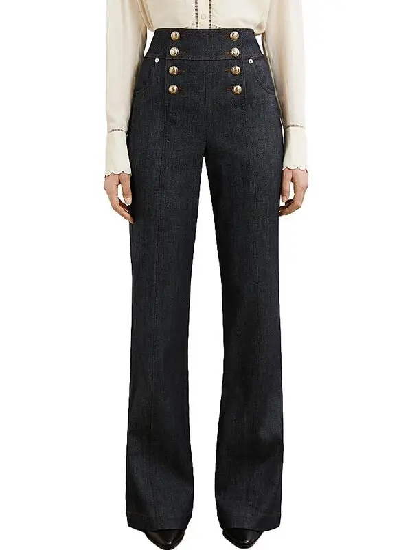 REISS Petites Skylar Button Detail Flared Jeans - Dark Blue