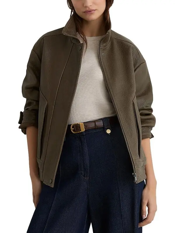 REISS Cara Leather Jacket - Khaki Green