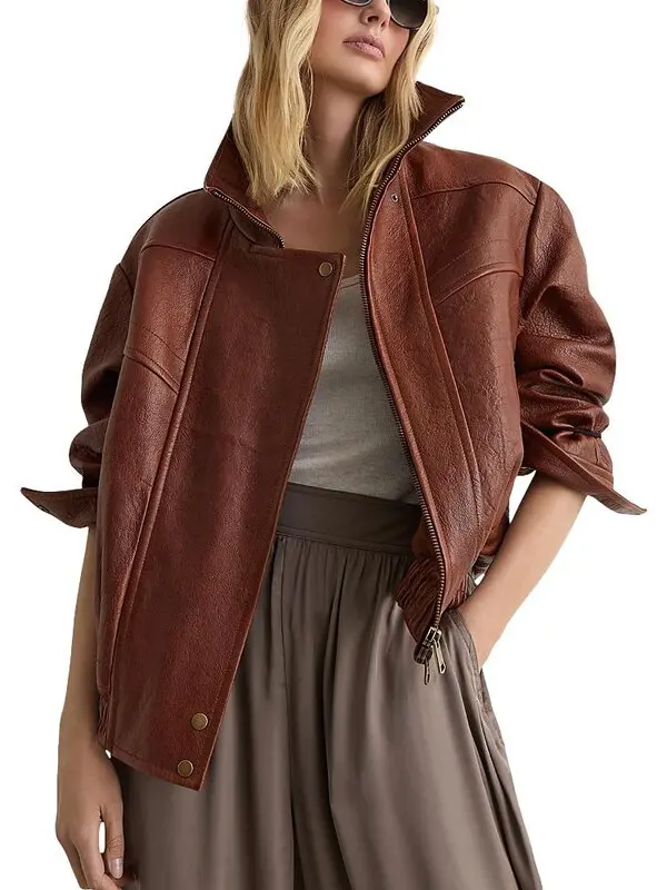 REISS Petra Leather Oversized Jacket - Chestnut Brown
